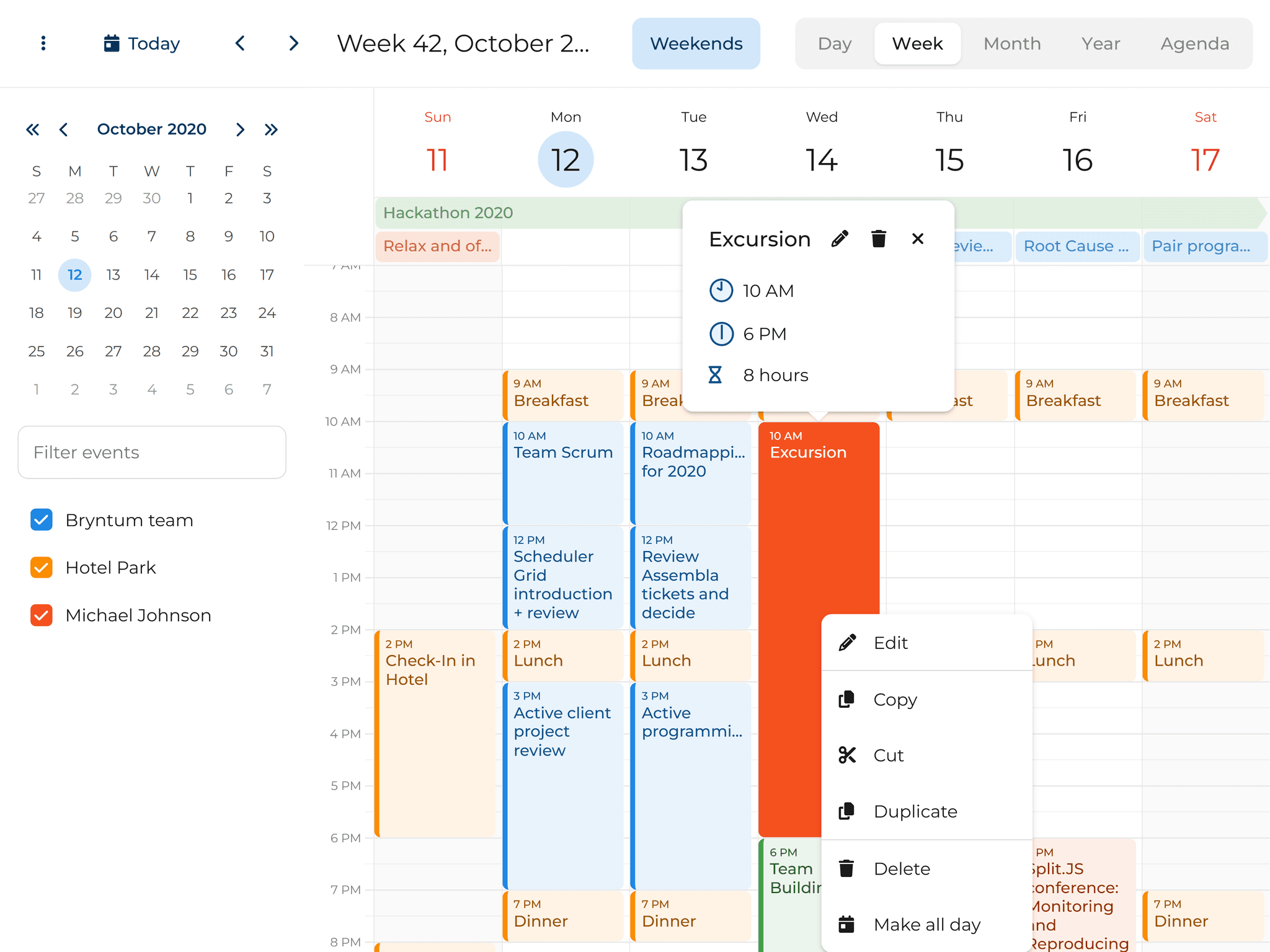 Bryntum Calendar - Context menu demo