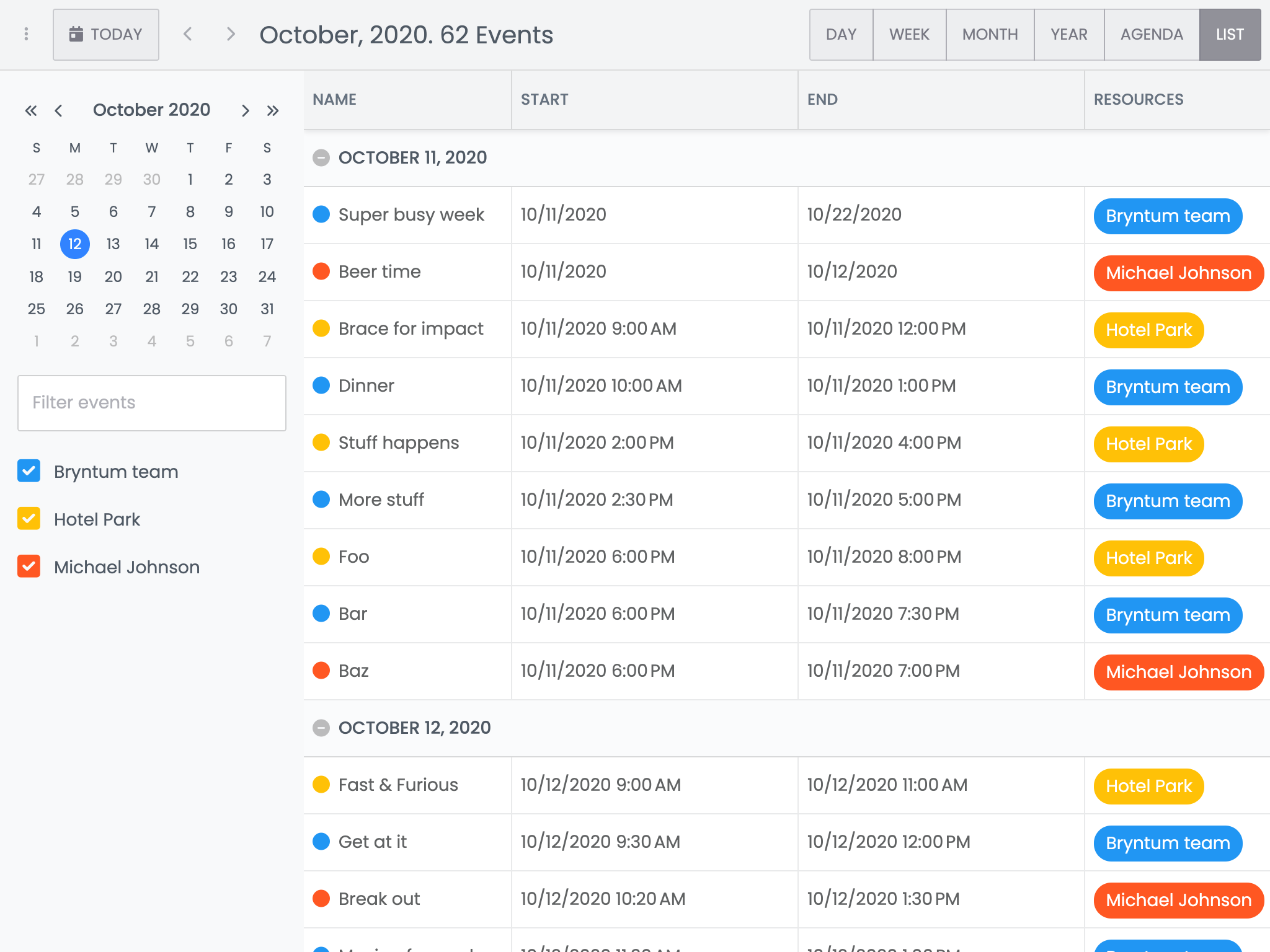 Bryntum Calendar - List view demo (React + Vite)