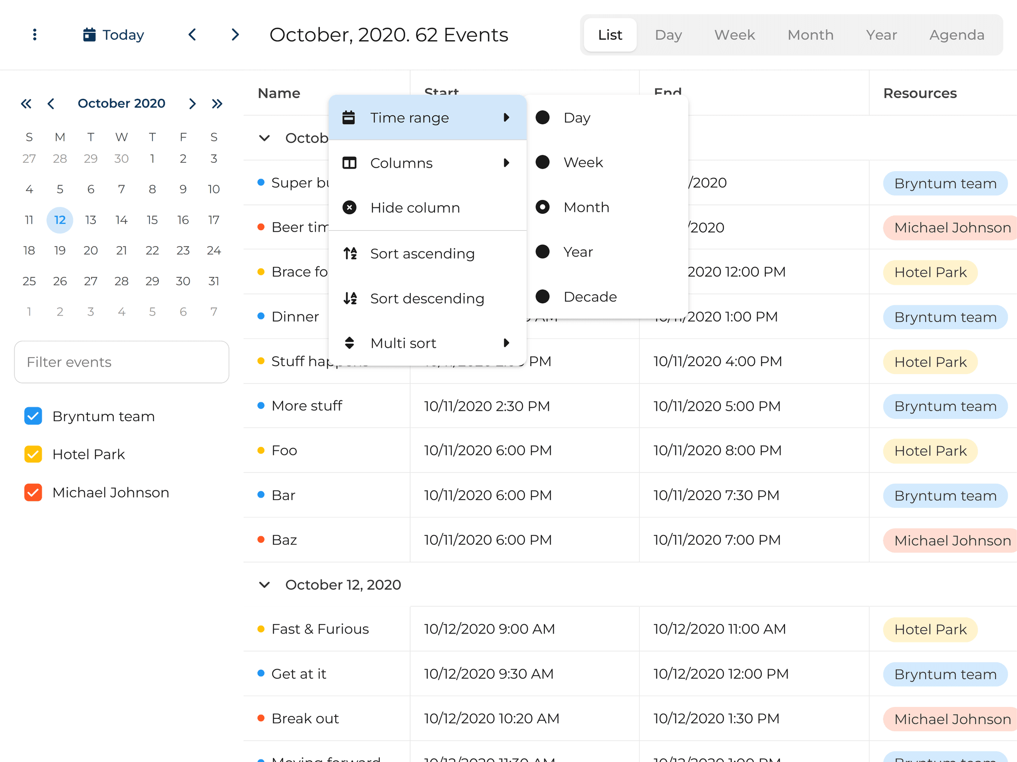 Bryntum Calendar - List view demo