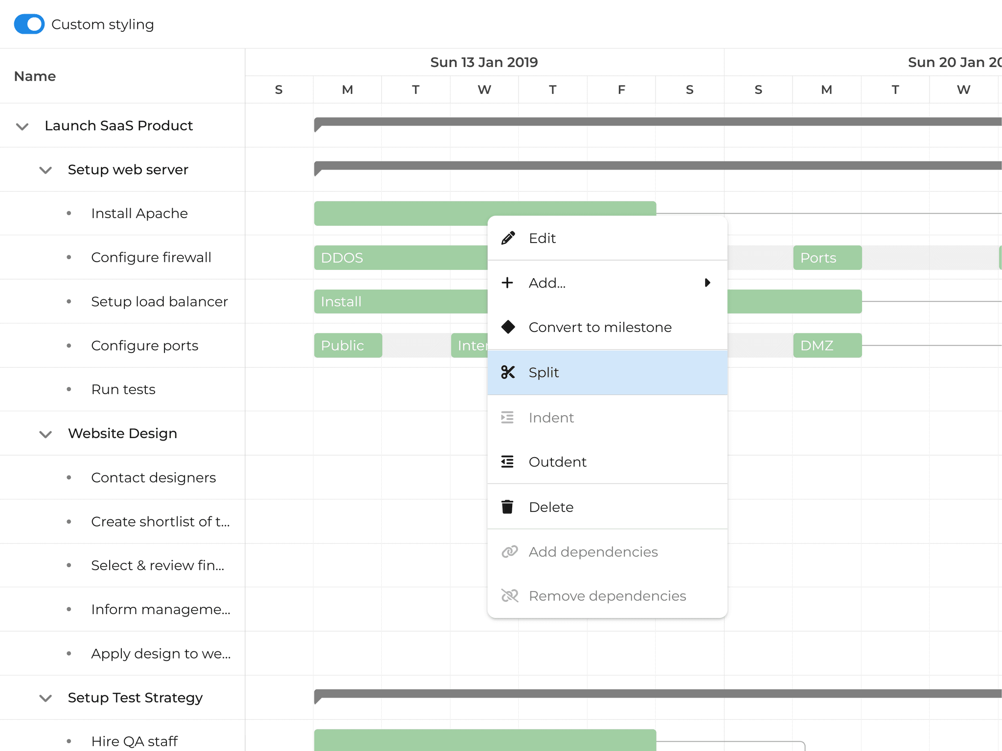 Bryntum Gantt - Split tasks demo