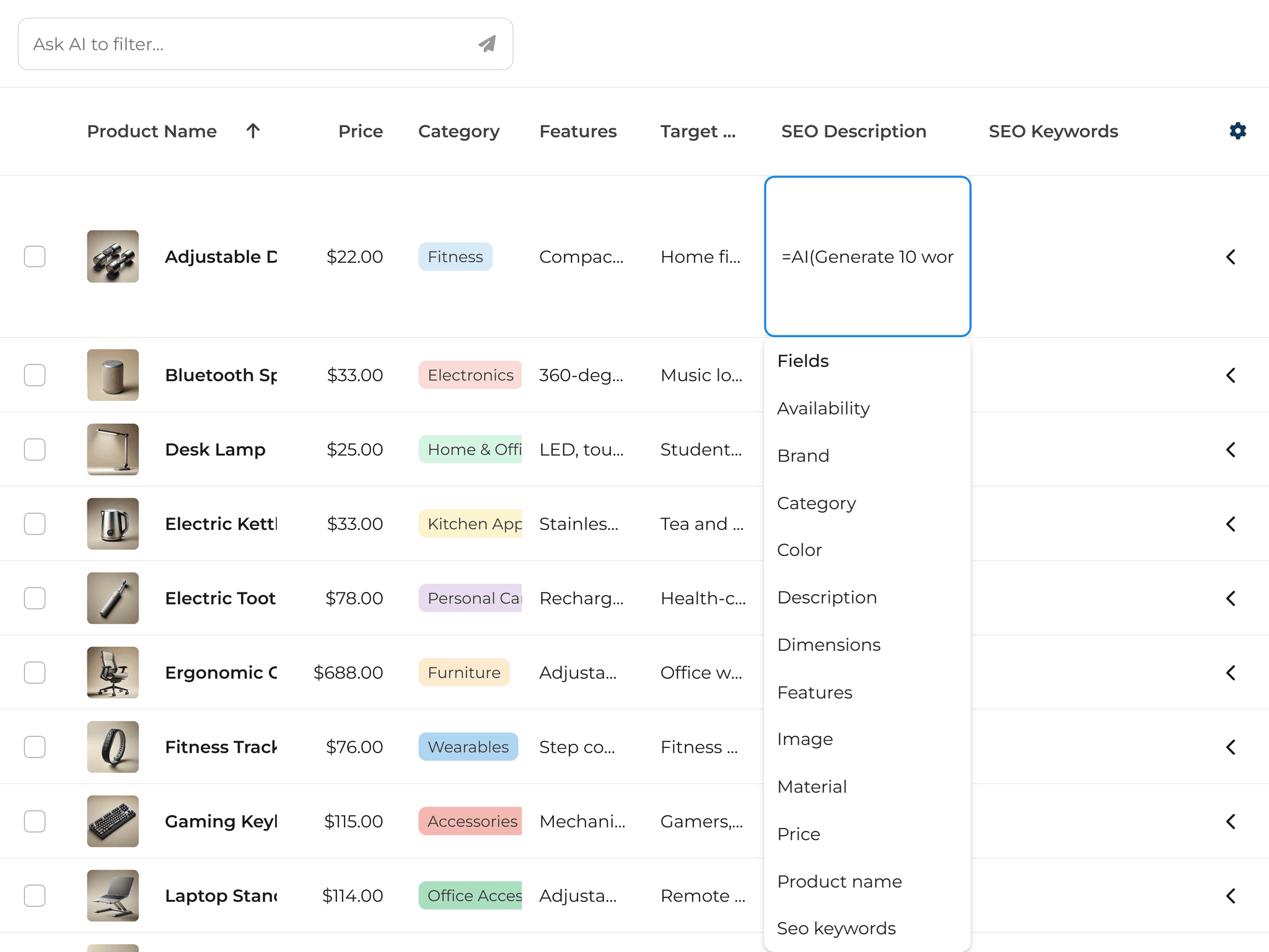 Bryntum Grid - AI-Powered E-Commerce Product Grid