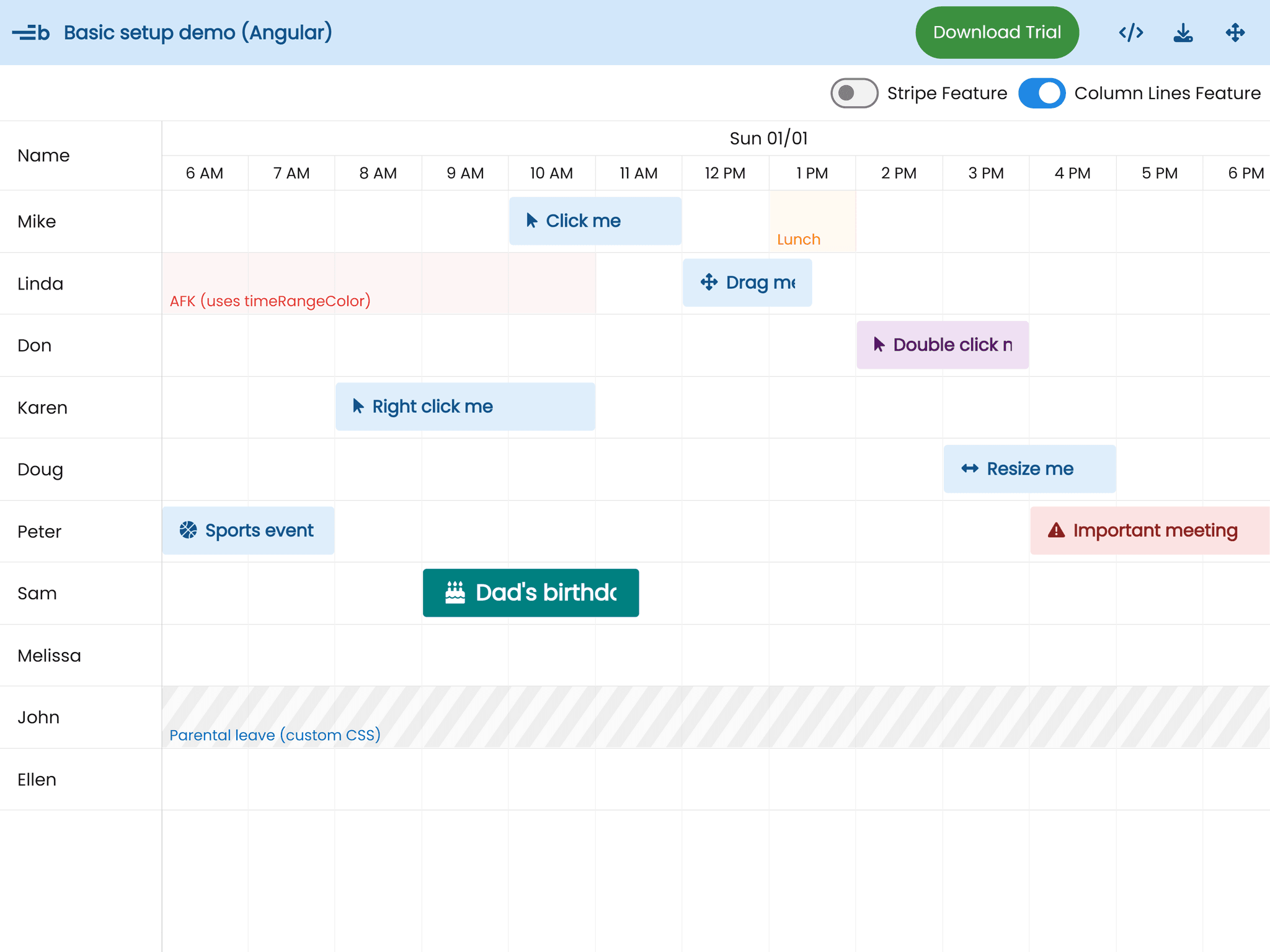 Bryntum Scheduler - Basic setup demo (Angular)