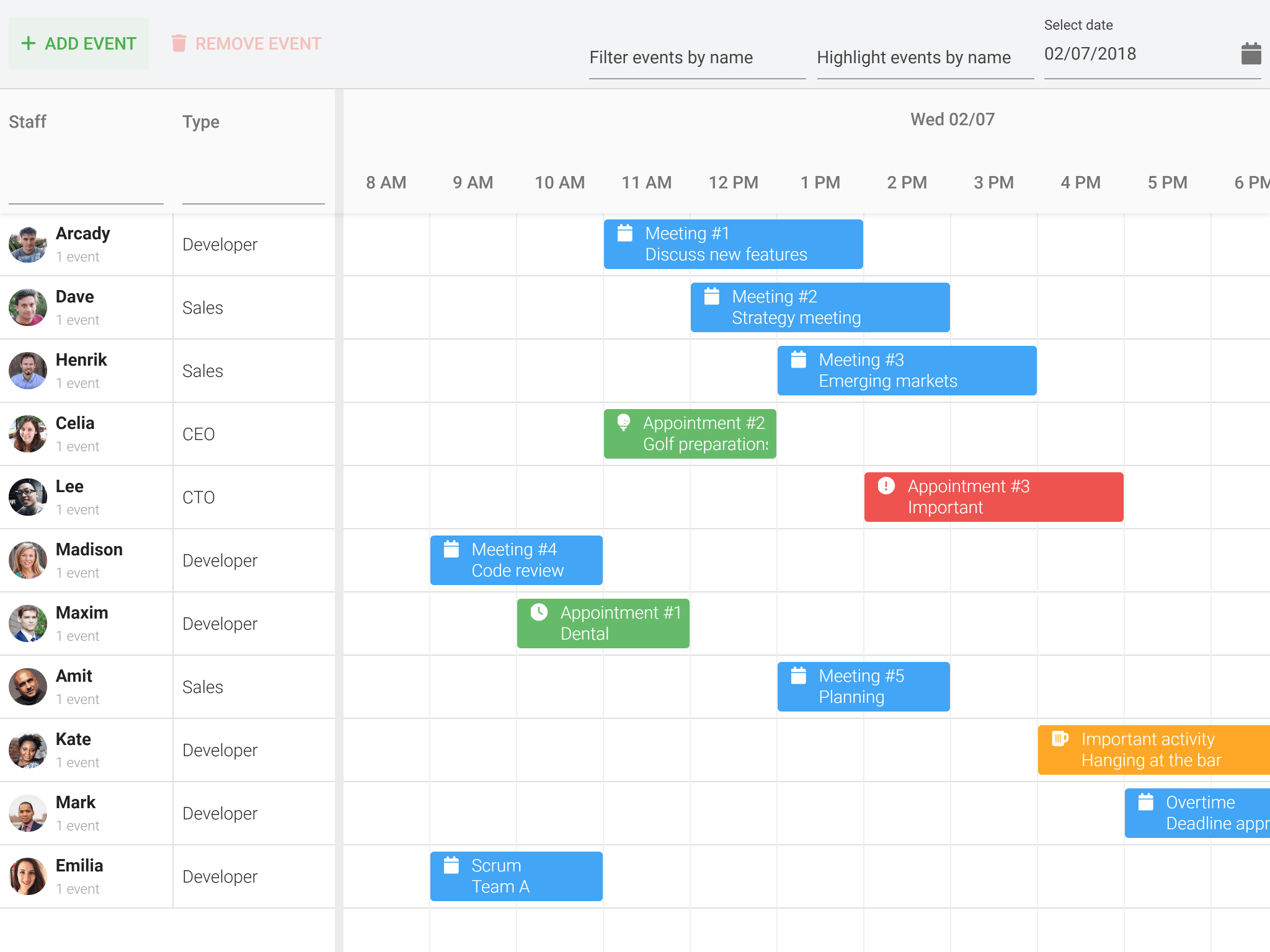 Bryntum Scheduler - Filtering demo (Angular)