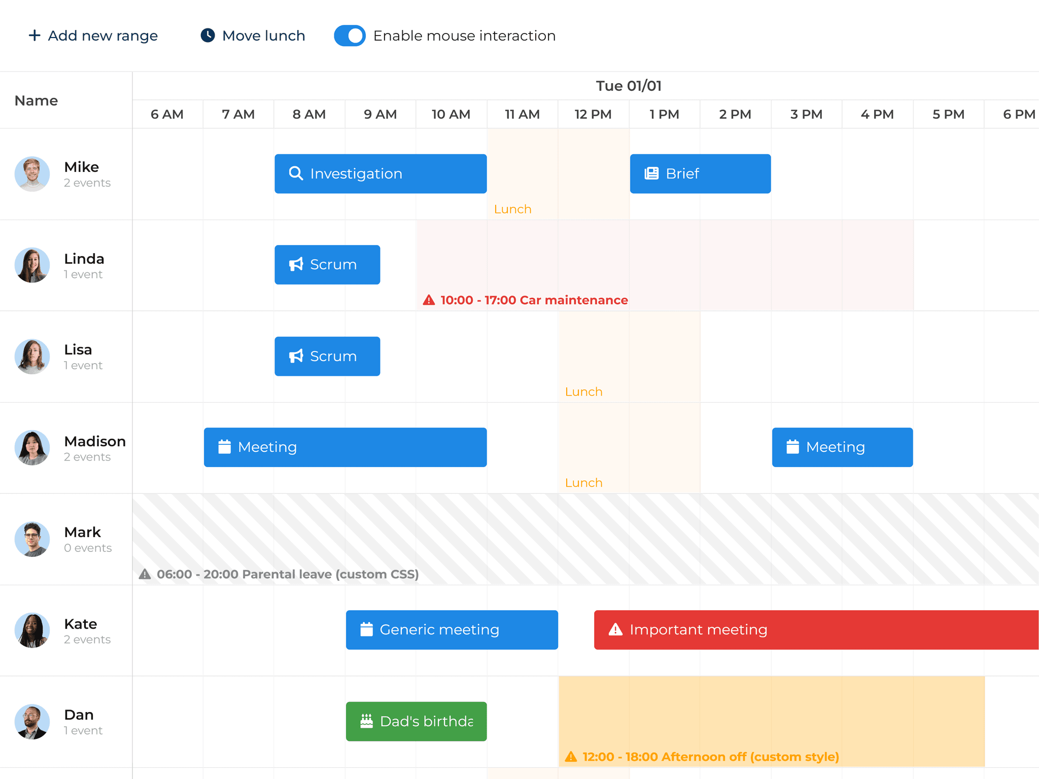 Bryntum Scheduler - Resource time ranges demo