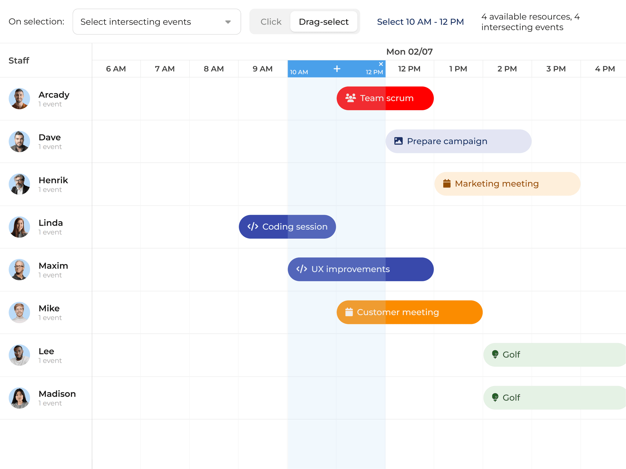 Bryntum Scheduler - Time Selection demo