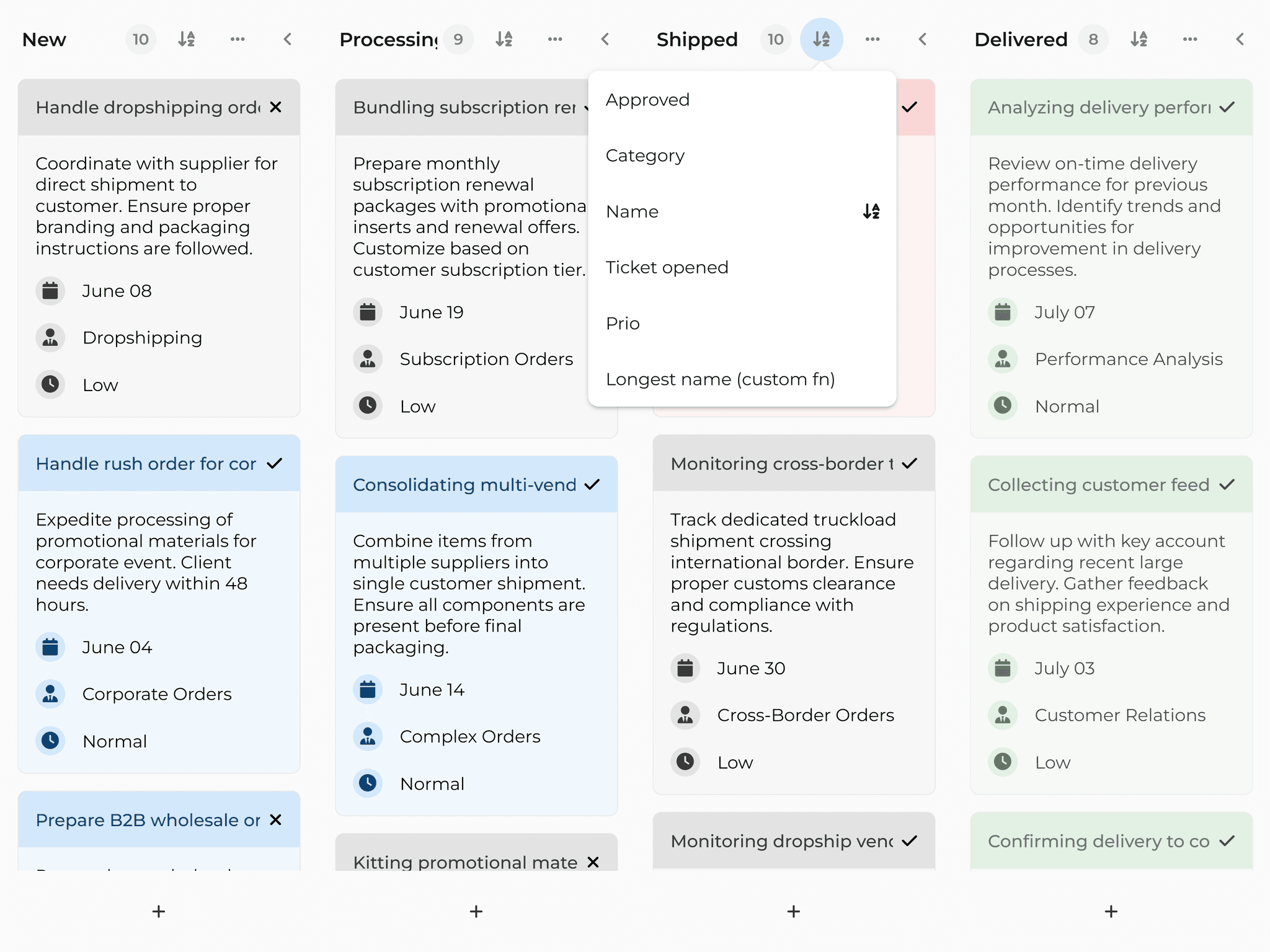 Bryntum TaskBoard - Column sorting demo