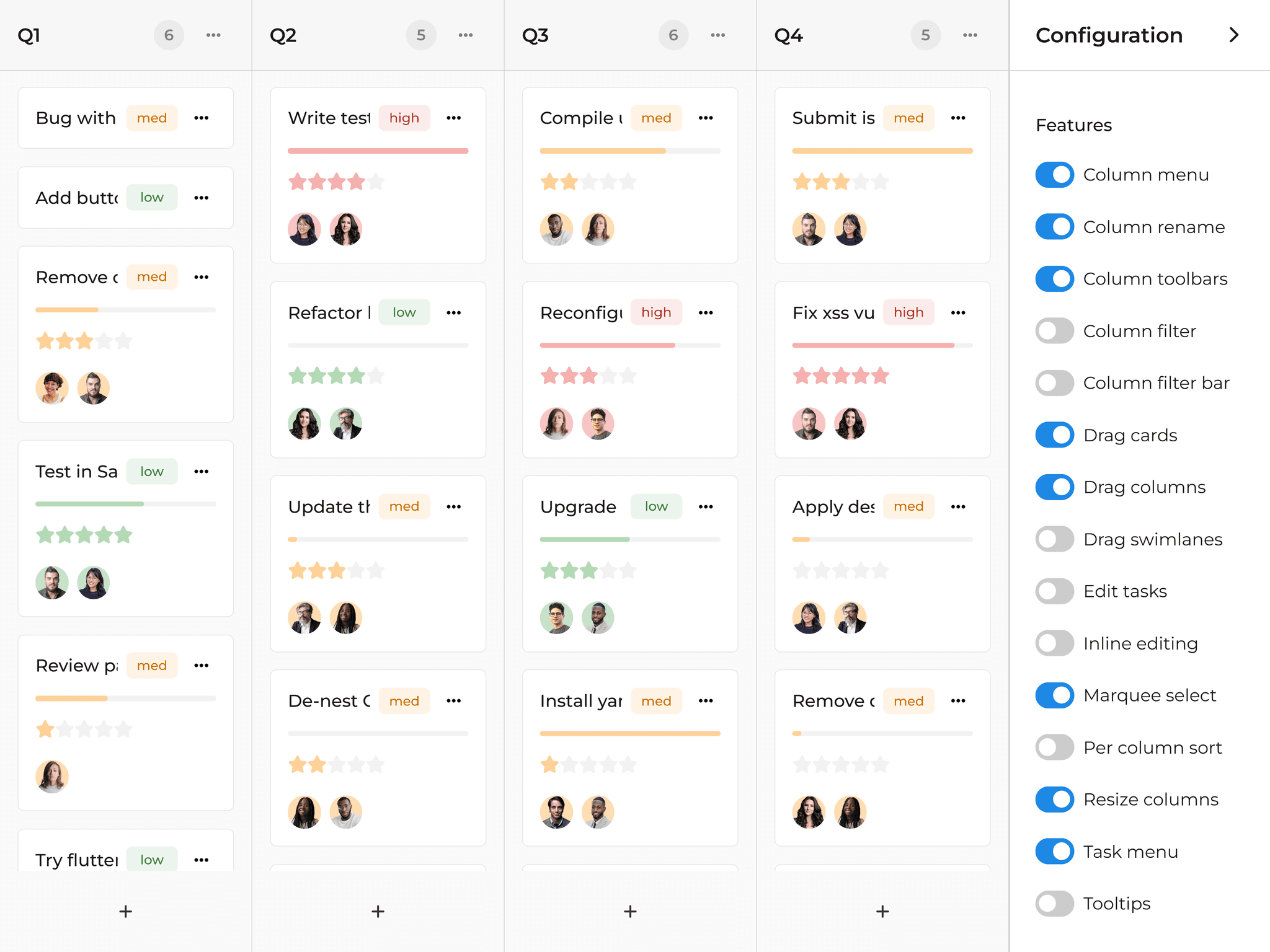 Bryntum TaskBoard - Configuration panel demo