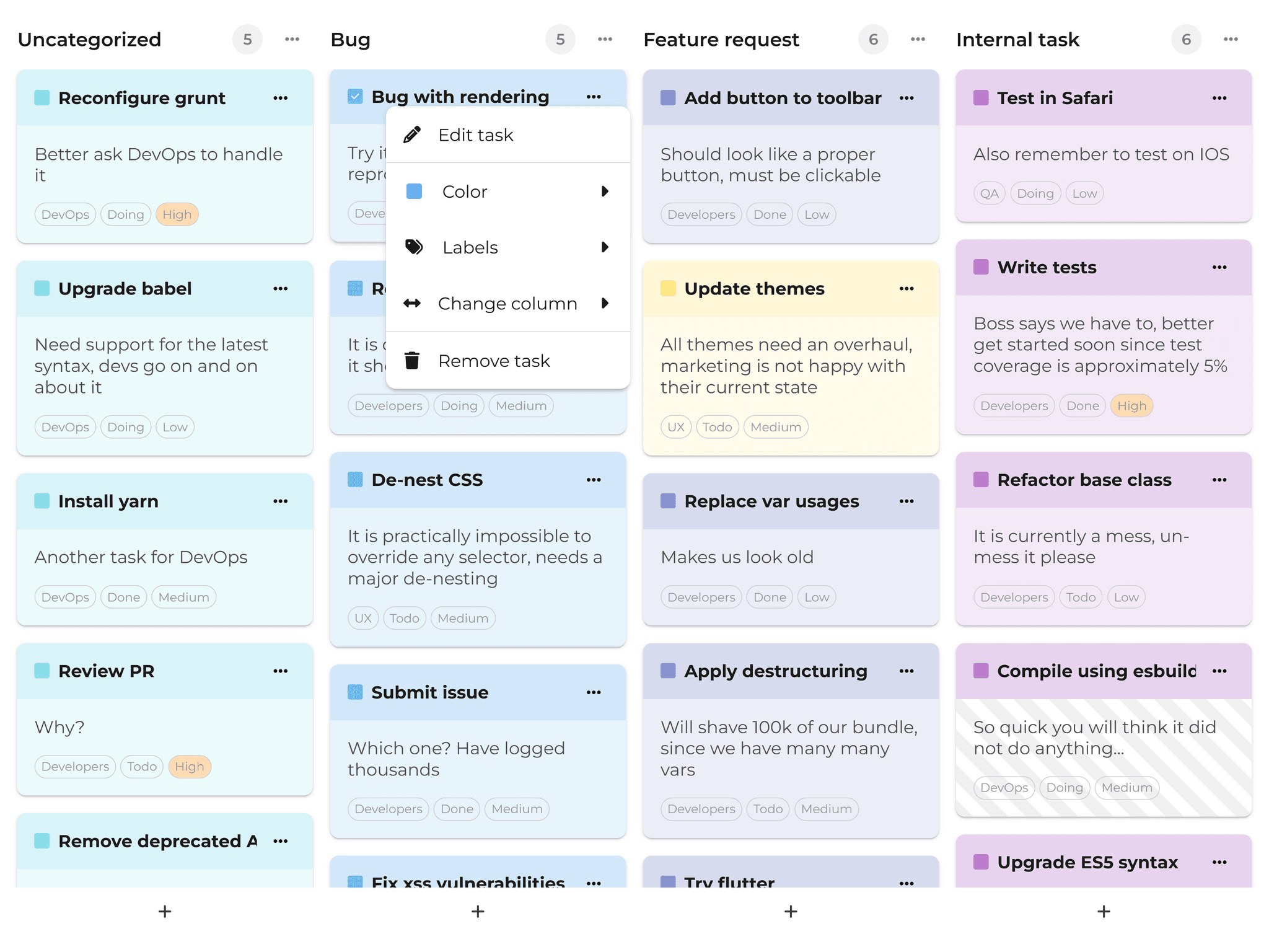 Bryntum TaskBoard - Customized task menu demo