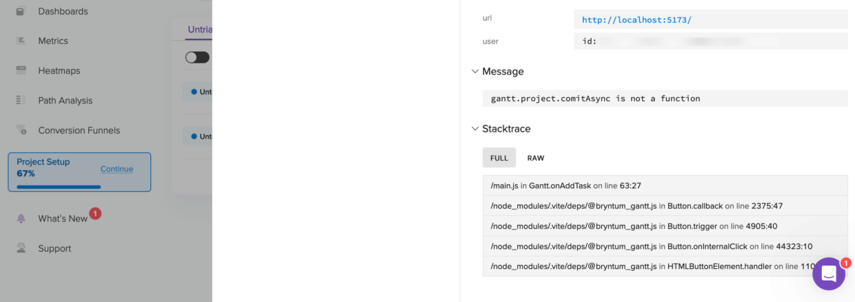 Comparison of Sentry vs. LogRocket for error logging using a Bryntum Gantt chart - Bryntum