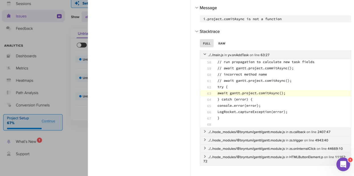 Comparison of Sentry vs. LogRocket for error logging using a Bryntum Gantt chart - Bryntum