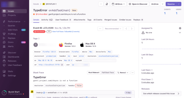 Comparison of Sentry vs. LogRocket for error logging using a Bryntum Gantt chart - Bryntum