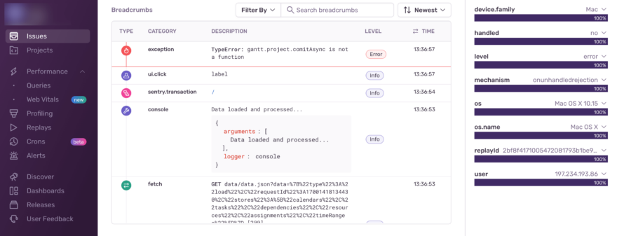 Comparison of Sentry vs. LogRocket for error logging using a Bryntum Gantt chart - Bryntum
