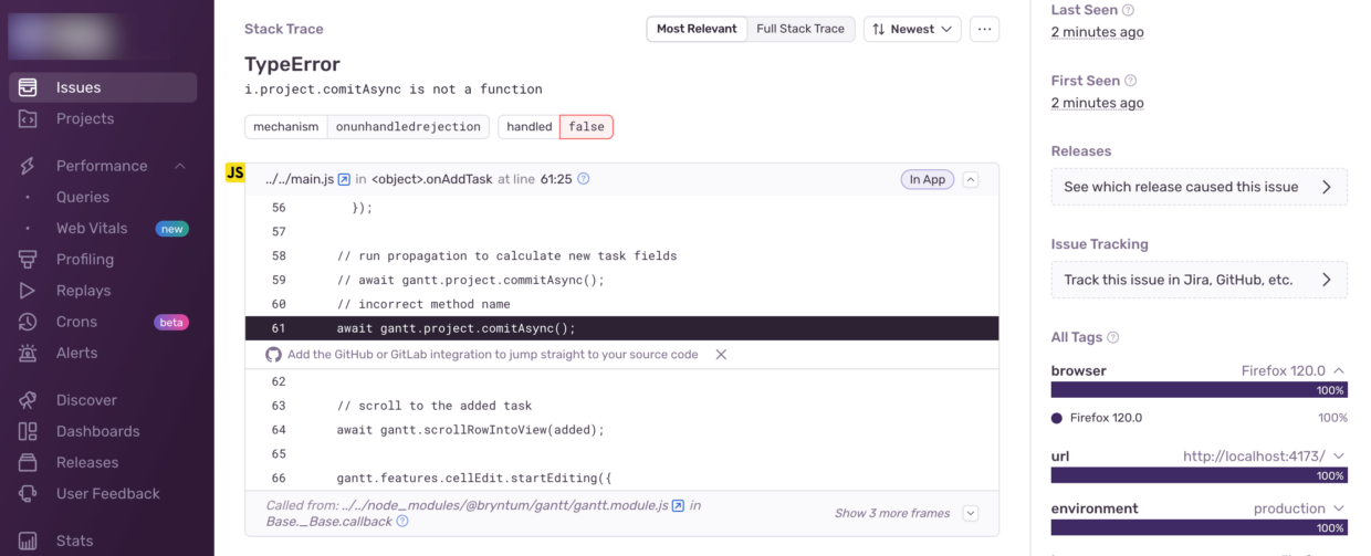 Comparison Of Sentry Vs Logrocket For Error Logging Using A Bryntum